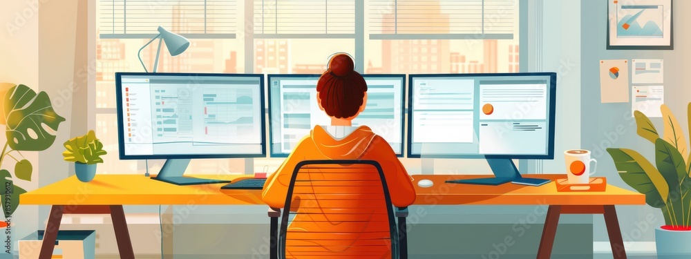 Remote Work: A person working from a cozy home office, with multiple ...