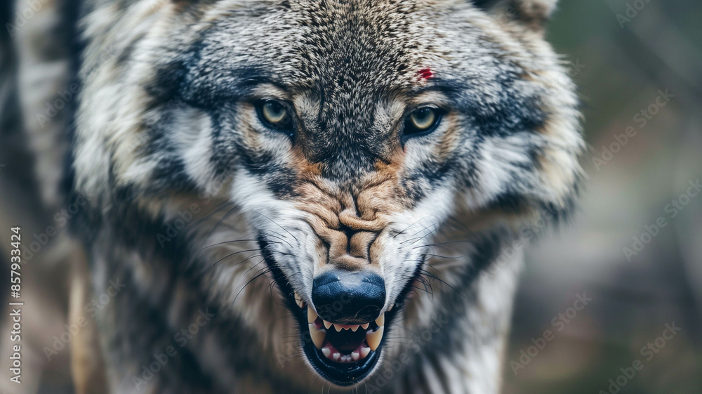 Detailed close up of an angry wolf growling, mouth open, sharp teeth ...
