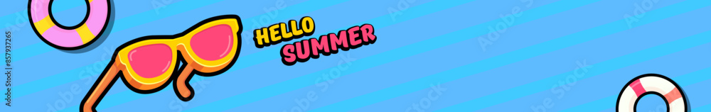 Super Hello summer wide banner with text and retro yellow sunglasses ...