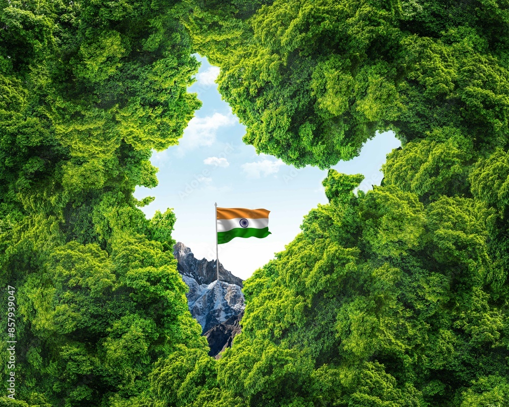 India flag. India map Illustration in green tree with 3d rendering ...