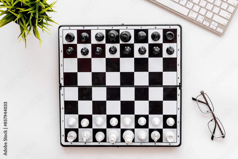 Leadership and business strategy concept. Chess board on office table ...
