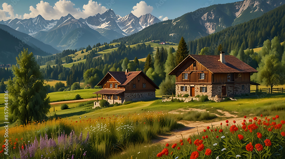 An Idyllic countryside summer landscape with wooden old houses ...