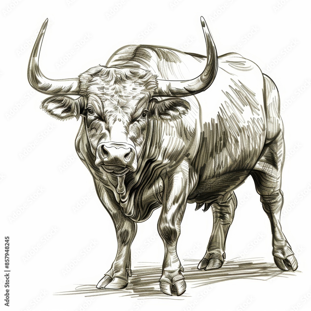 Imposing bull with arched horns, nostrils flared, muscles taut, hand ...