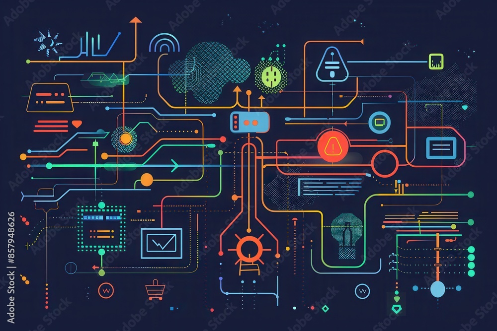 A vector diagram of an algorithmic flowchart with AI elements like ...
