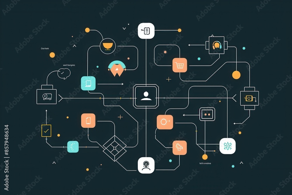 A vector diagram of an algorithmic flowchart with AI elements like ...