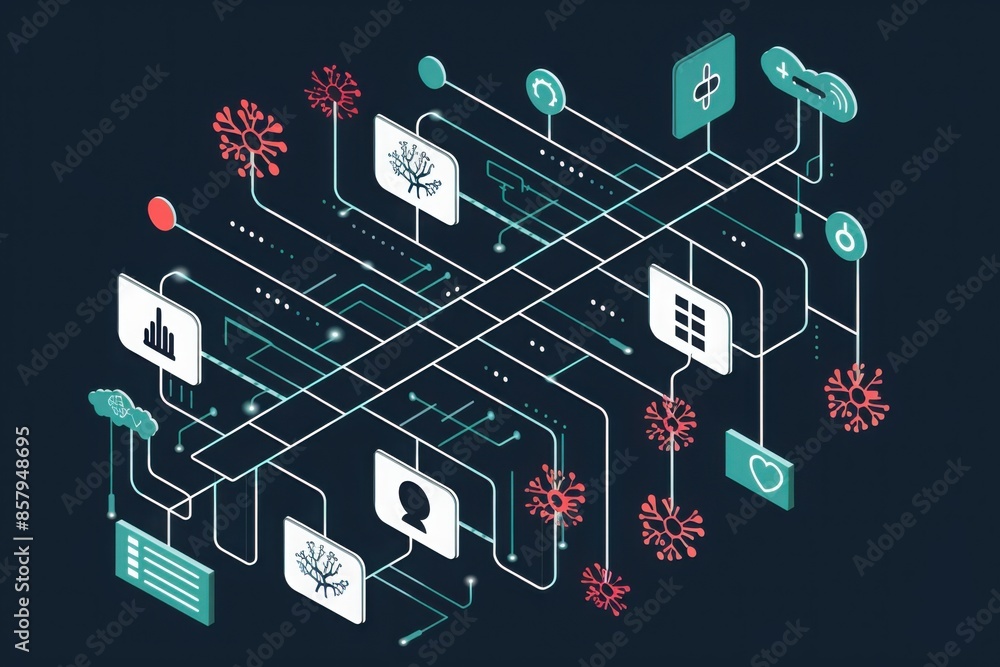 A vector diagram of an algorithmic flowchart with AI elements like ...