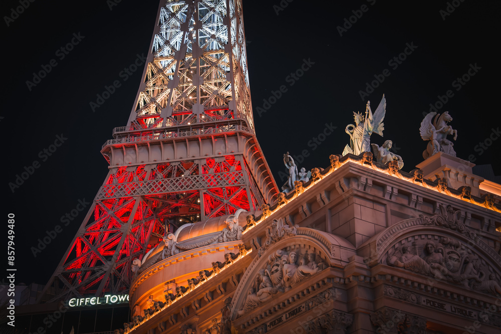 Close up view of a red lit Eiffel Tower replica at Paris Las Vegas Hotel and Casino on the Las ...