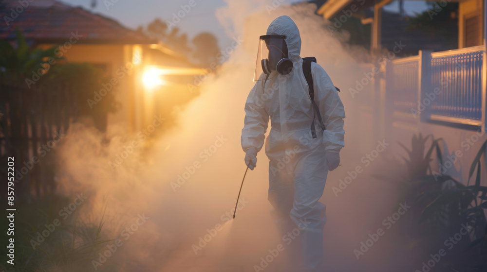 Poster Health worker in a protective suit holding fogging machine stick ...