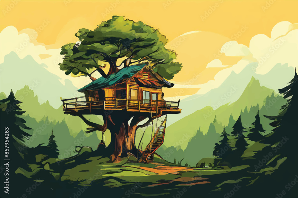 Tree House. Tree house for kids. Vector Background. Tree house for ...