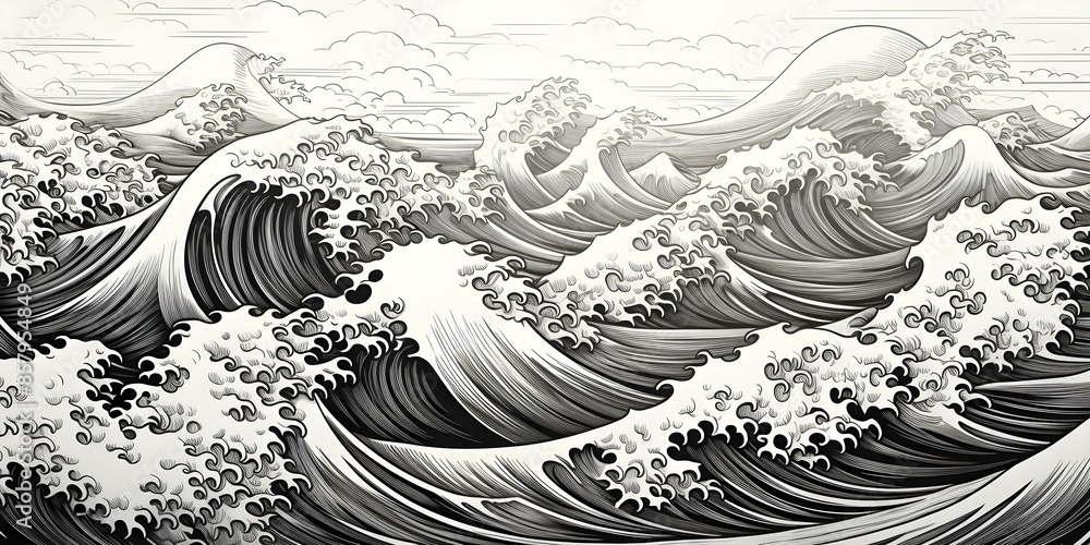 Renaissance-style Black and White Woodcut of Waves in Medieval Setting ...
