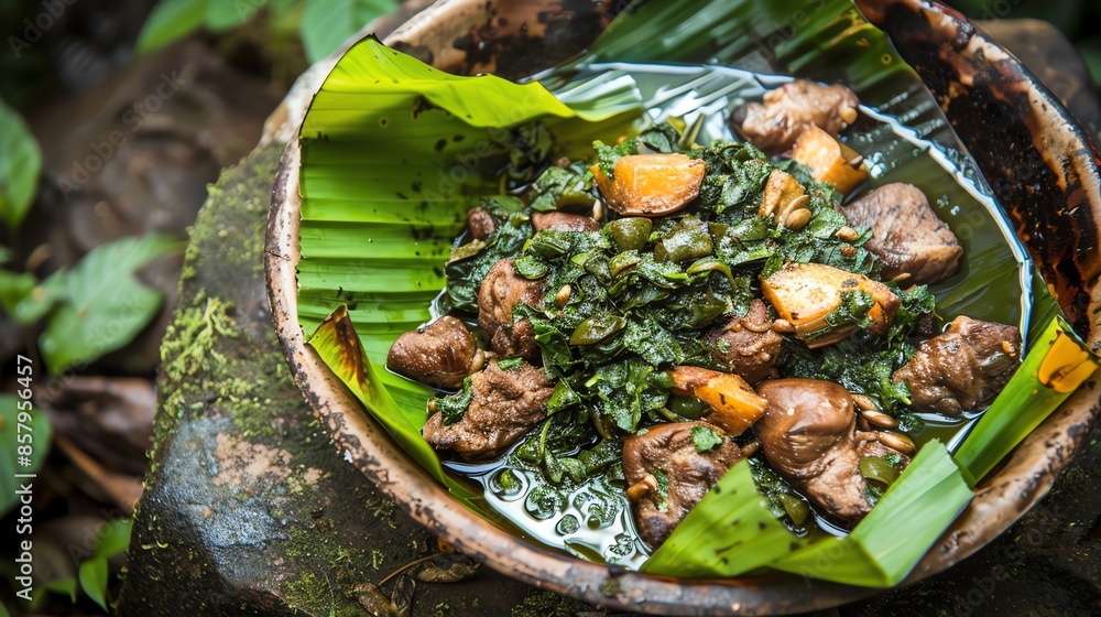 A dish of Papua New Guineas mumu with a mix of meat, sweet potatoes ...