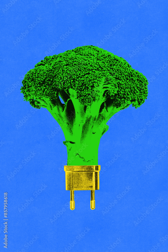Contemporary art collage. Single stalk of broccoli plugged into ...