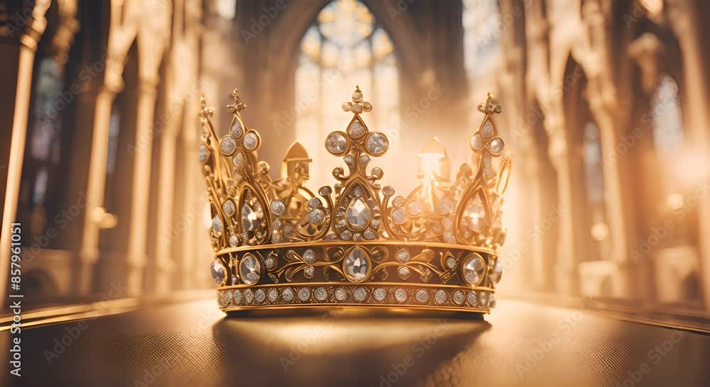 A gold royal king queen coronation crown with jewels and diamonds ...