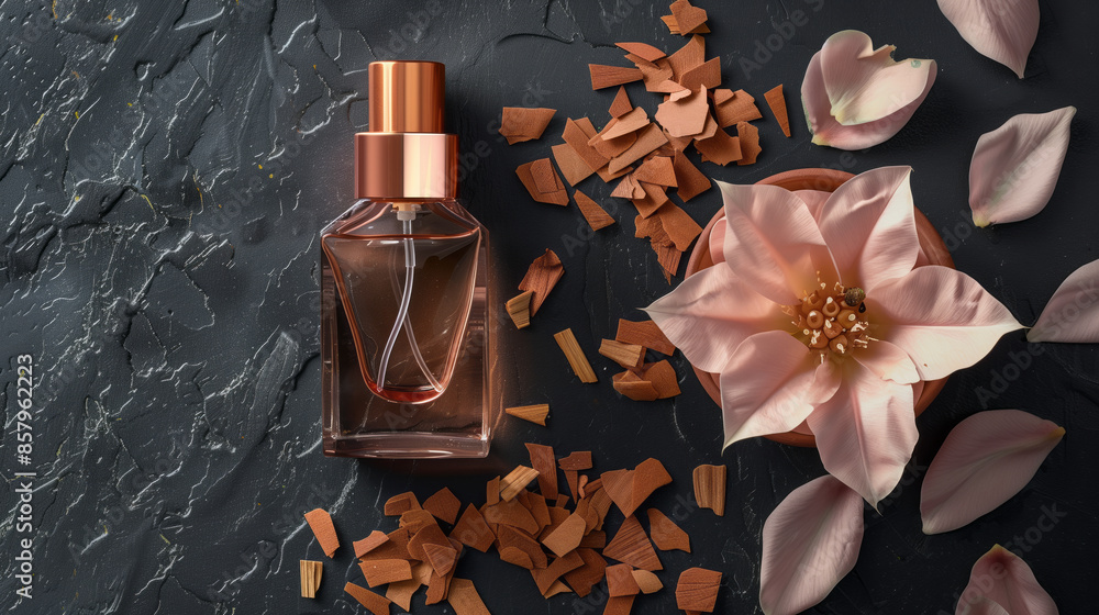 Geometric perfume bottle with a copper cap, sandalwood flavor ...