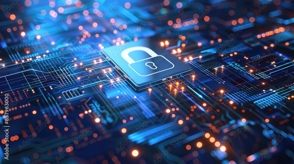 Cybersecurity with a close-up of a computer motherboard and a secure ...