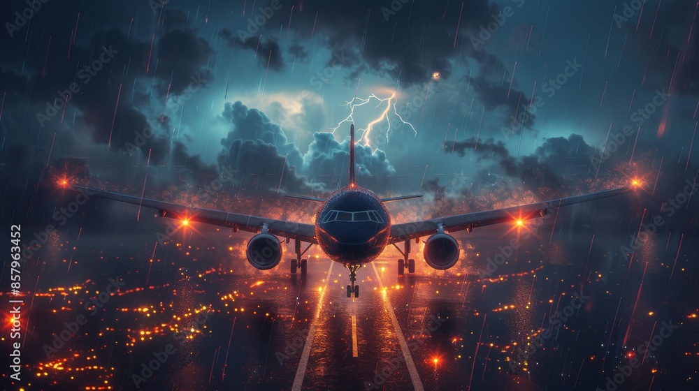 An airplane sits on the runway amid a storm with dramatic lightning and ...