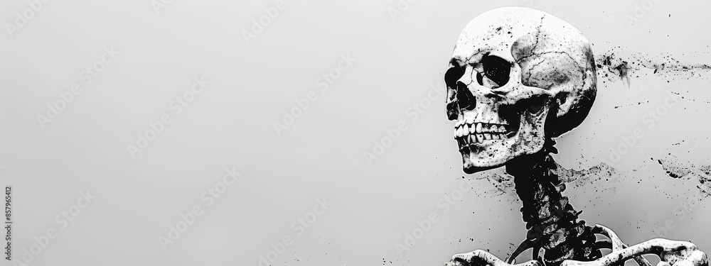 A skeleton is shown in a black and white photo with a white background ...