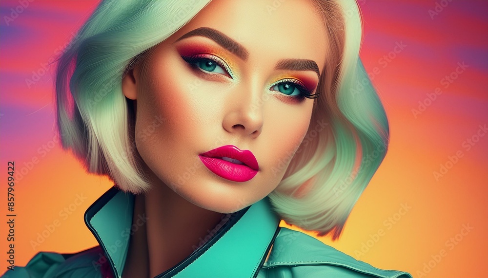 vintage retro pop art woman with red lips and nails; beauty, fashion ...
