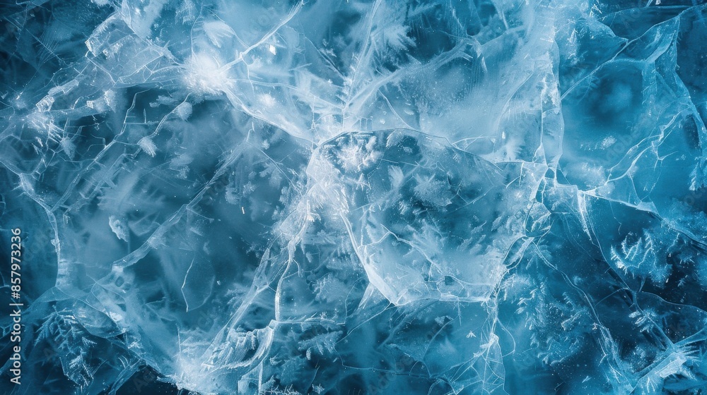 In a detailed close-up, blue ice displays a network of intricate cracks ...