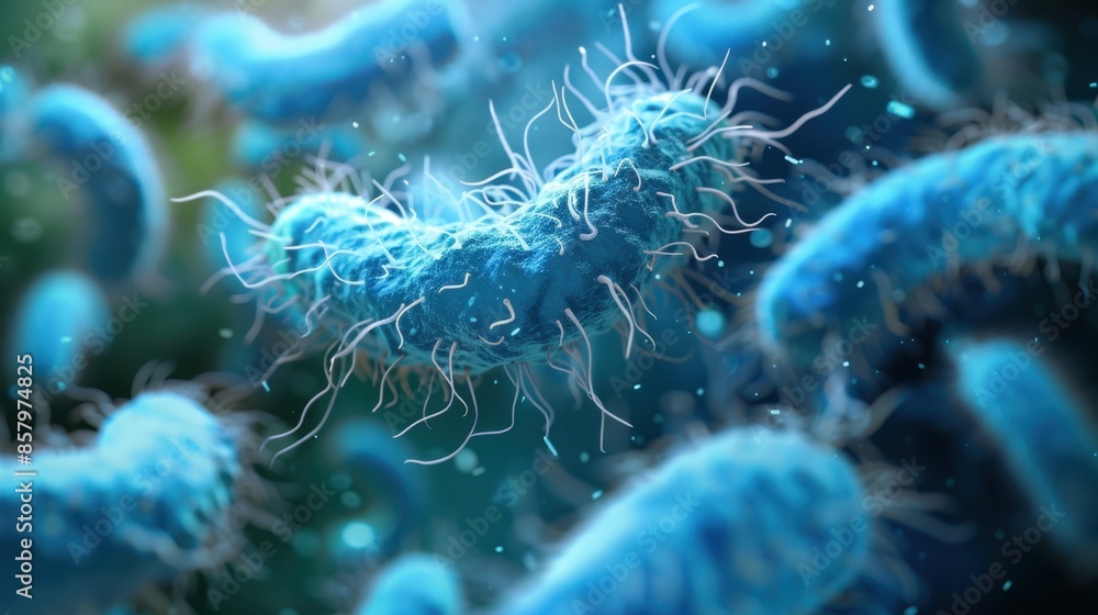 Microscopically magnified, blue bacterial cells exhibit filamentous ...