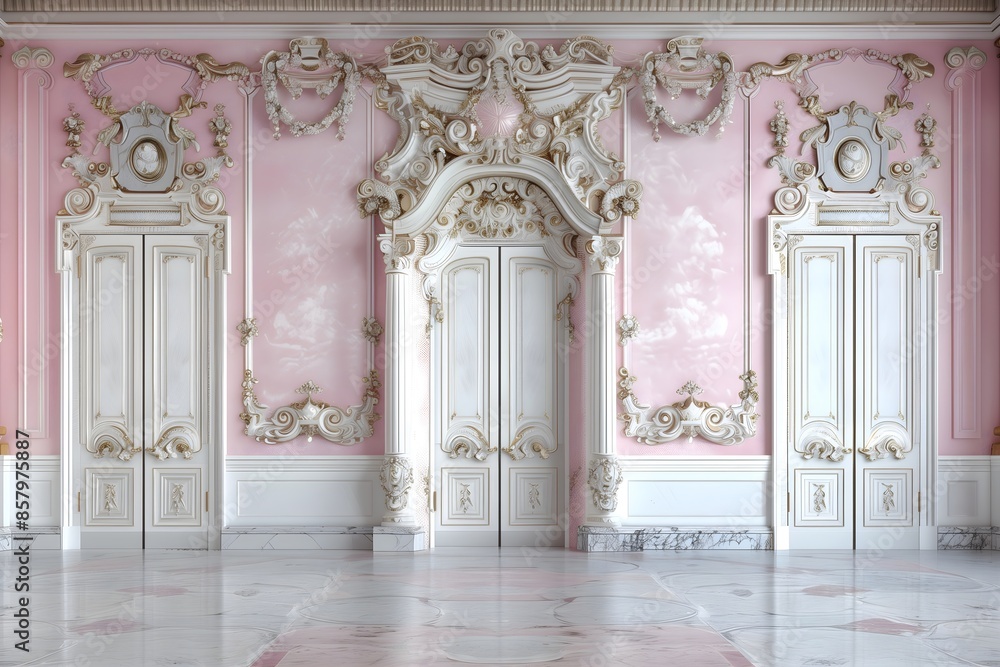 Backdrop interior of a rococo pink palace wall, arches and gold decor ...