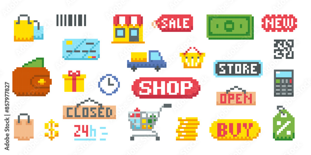 Pixel art shopping icon set. Pixel shop, open closed door sign retail ...