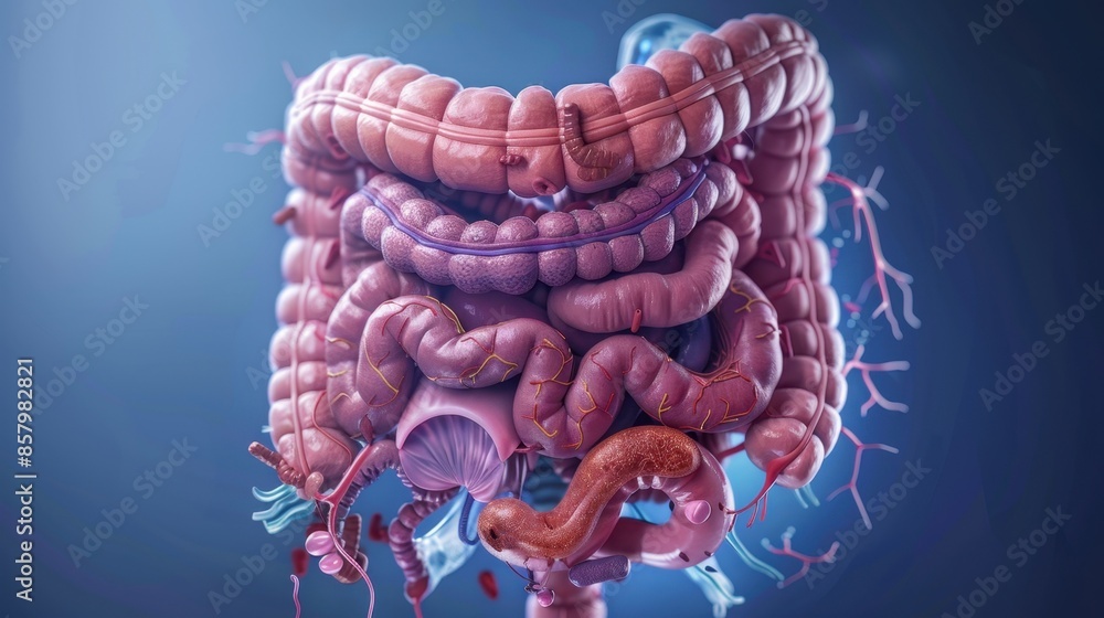 Intricate depiction of the human digestive system, highlighting ...