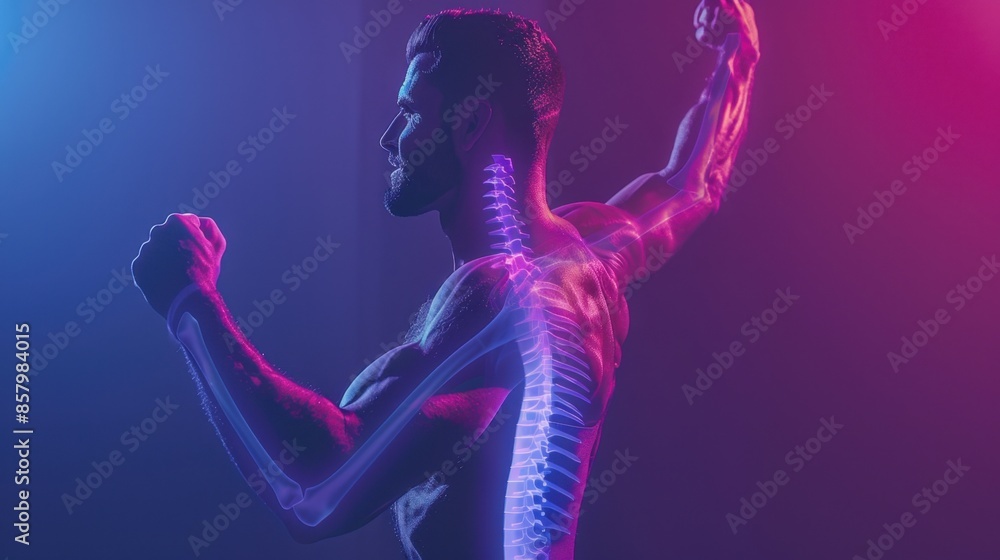 Dynamic medical illustration of a muscular man with arms flexed ...