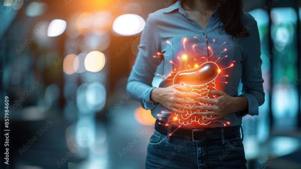 Illustrated Health Problem: A woman in discomfort grips her stomach ...