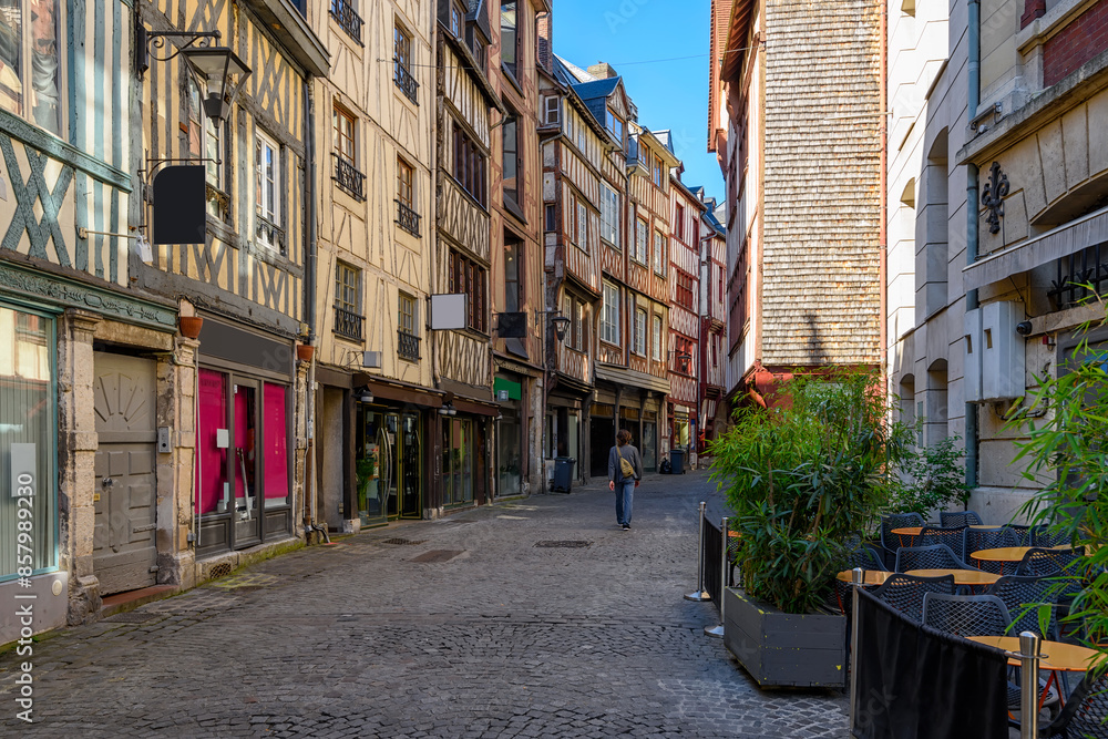 Cozy street with timber framing houses in Rouen, Normandy, France ...