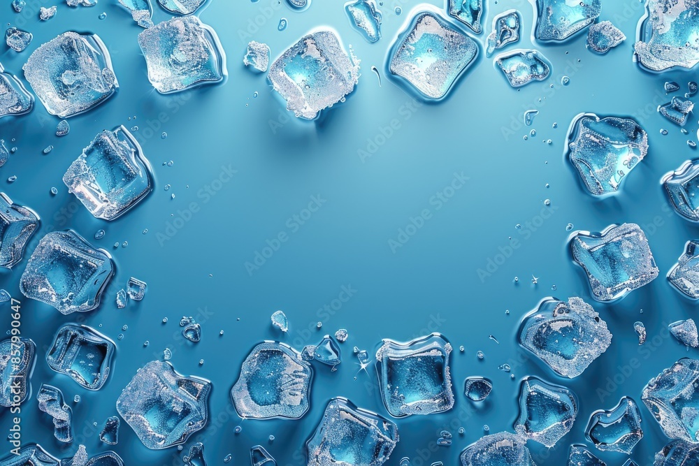 A blue background with a frame of ice cubes. The ice cubes are ...