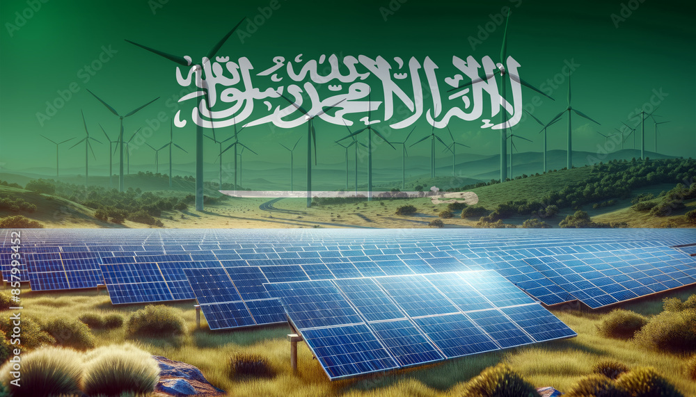 Saudi Arabia flag waves over a field of solar panels and wind turbines ...