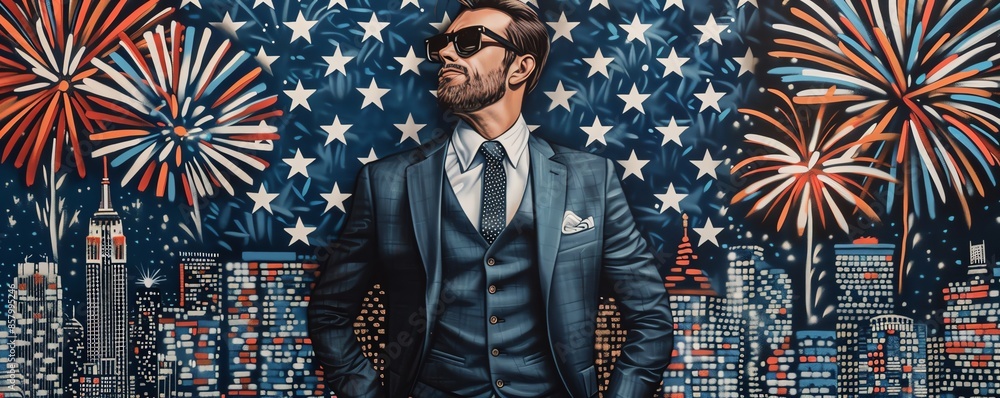 Confident man in a suit with a fireworks display background ...