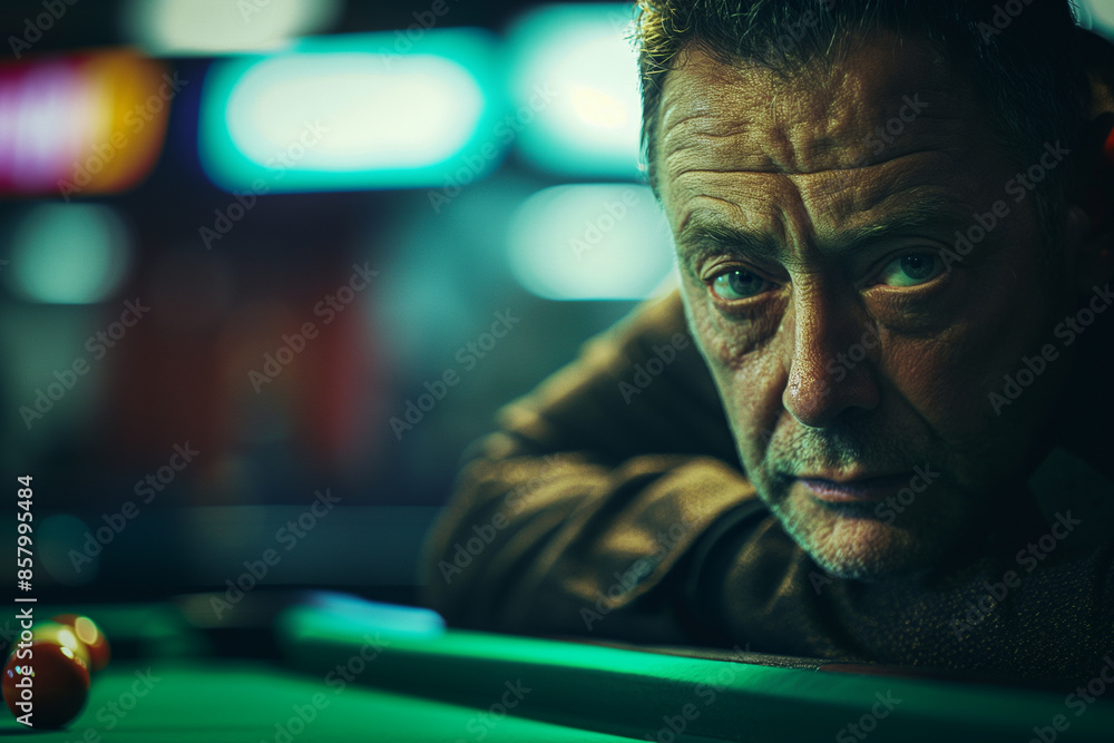 Intense concentration is etched on the face of a snooker player as he ...