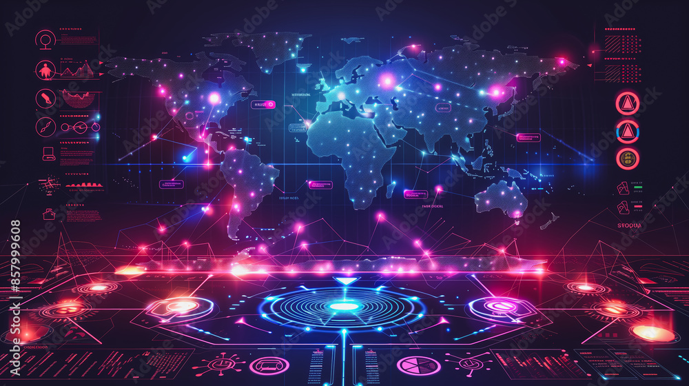 Futuristic command center interface displaying a global network map with glowing nodes and ...