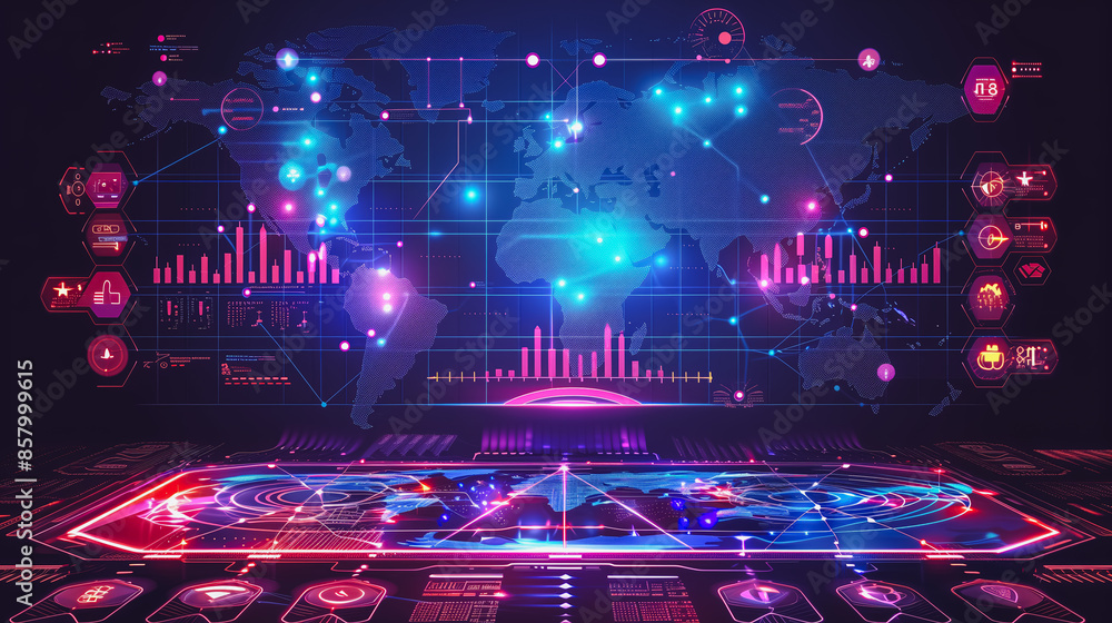 Futuristic command center interface displaying a global network map with glowing nodes and ...