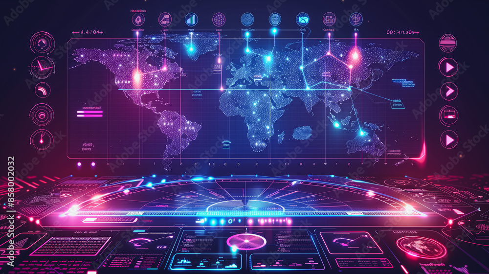 Futuristic command center interface displaying a global network map with glowing nodes and ...