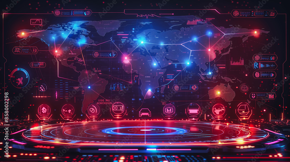 Futuristic command center interface displaying a global network map with glowing nodes and ...