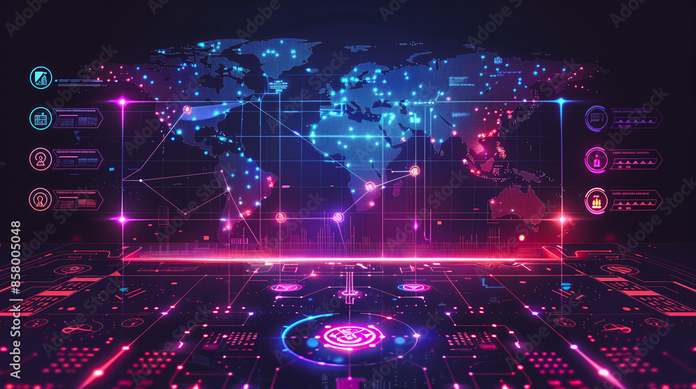 Futuristic command center interface displaying a global network map with glowing nodes and ...
