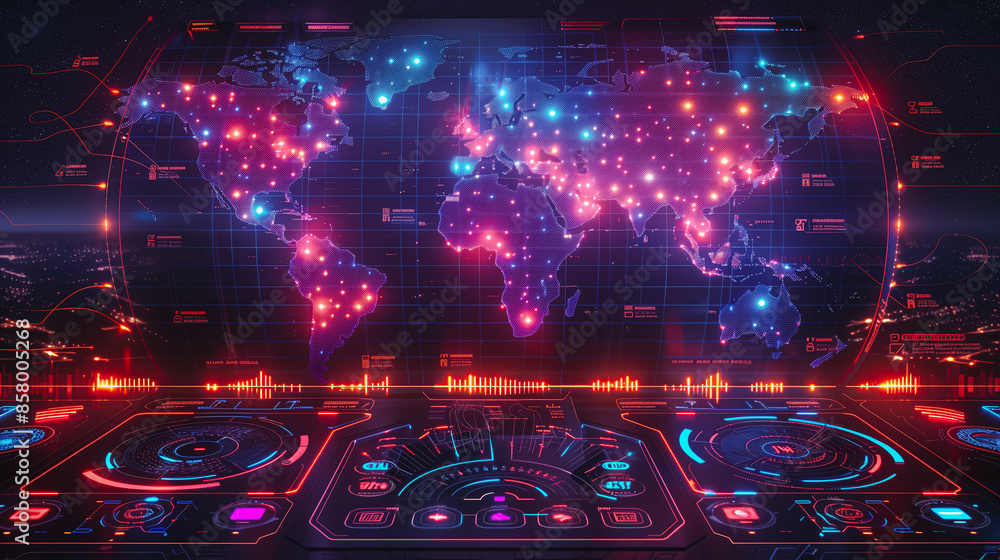 Futuristic command center interface displaying a global network map with glowing nodes and ...