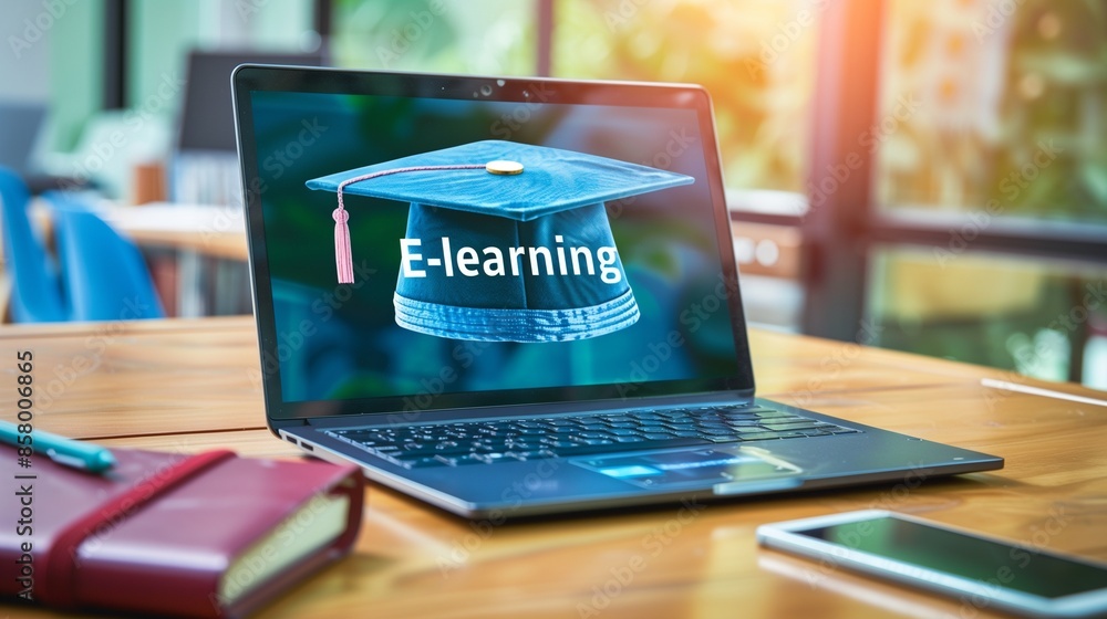 A modern e-learning concept showcasing online education tools for ...