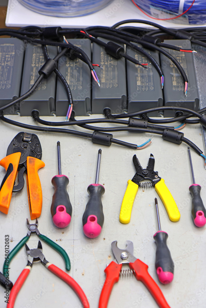 Tools for the installation of electrical panels. Close-up. Soft focus ...