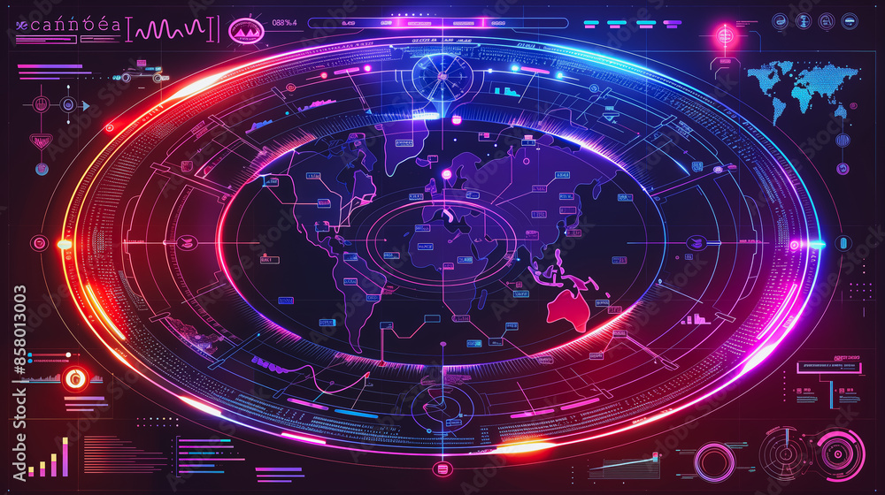 Futuristic holographic interface displaying global data and analytics on a sleek, circular ...