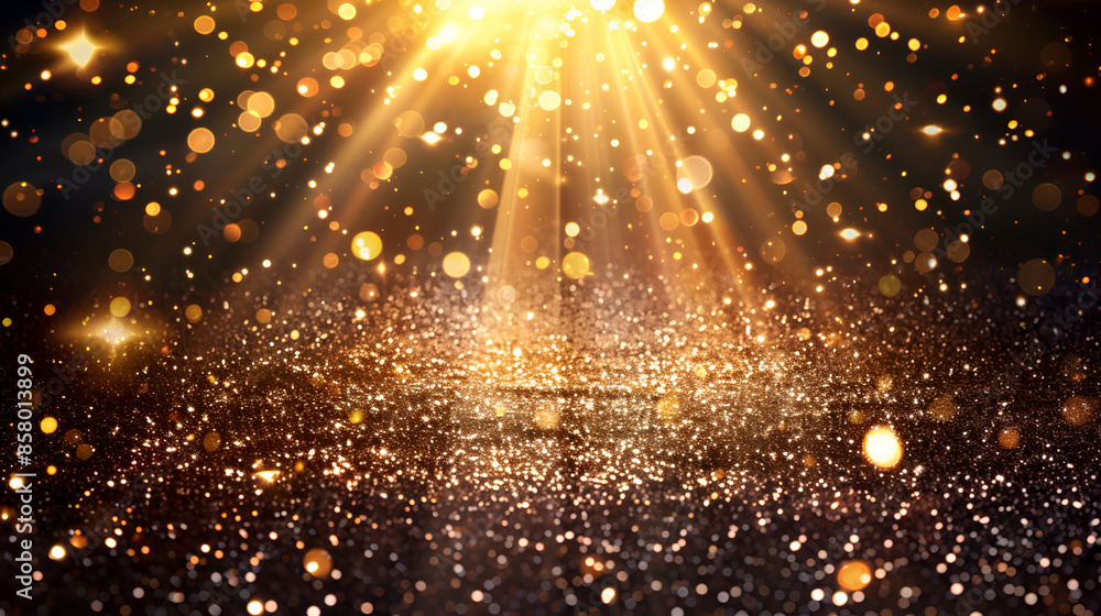 Light rays and golden falling glittering dust, Shiny spotlight or scene ...