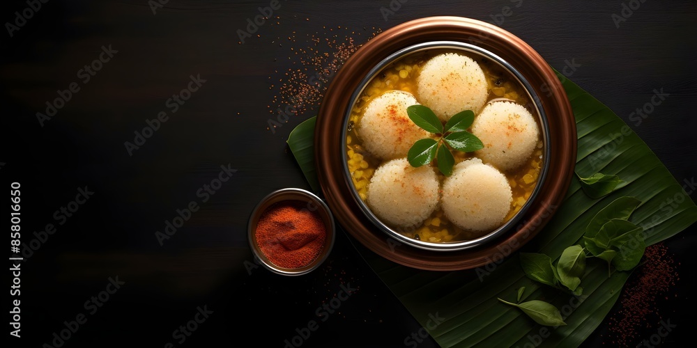 Overhead view of idli and sambar traditional South Indian cuisine on a ...