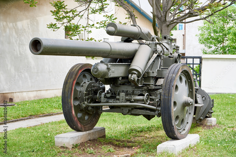 Sofia, Bulgaria, April 24, 2024; Artillery 150 mm howitzer gun Krupp D ...