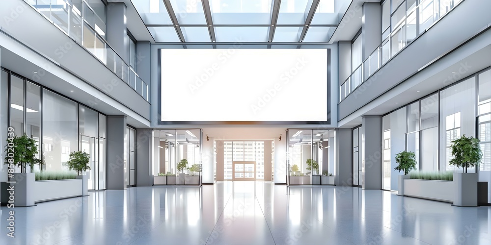 Contemporary office lobby with blank banner for customization. Concept ...