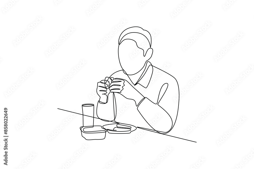 Continuous one line drawing young man having dinner alone. Family ...