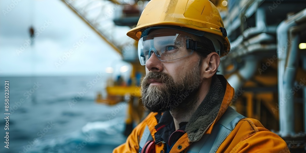 Man in safety gear and hard hat on an offshore oil rig. Concept ...