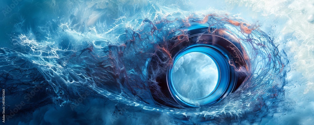 Abstract digital art featuring a blue vortex with swirling mist and ...
